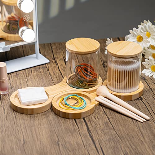 Glass Qtip Holder with Tray, CODOGOY Apothecary Jars with Lids for Bathroom Q tip Holder Bathroom Canisters for Cotton Balls Cotton Swabs Hair Ties Floss Perfume Jewelry