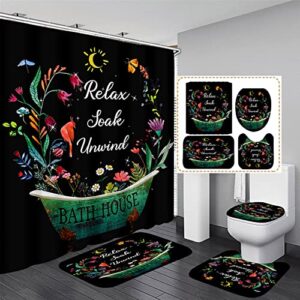 4 pcs farmhouse black shower curtain set vintage flowers bathroom sets with shower curtain and rugs rustic bathroom decor country bathtub bathroom accessories bathroom rugs mat toliet lid cover