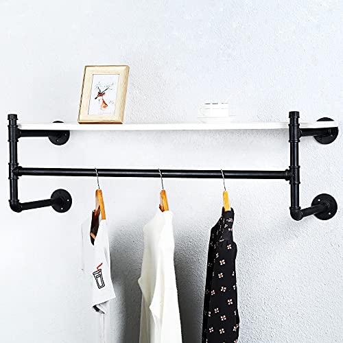 JIANZHUO Industrial Pipe Clothing Rack Wall Mounted with Wood Shelf,Rustic Retail Garment Rack Display Rack Cloths Rack,Pipe Shelving Floating Shelves