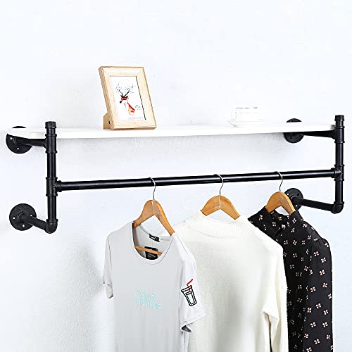 JIANZHUO Industrial Pipe Clothing Rack Wall Mounted with Wood Shelf,Rustic Retail Garment Rack Display Rack Cloths Rack,Pipe Shelving Floating Shelves