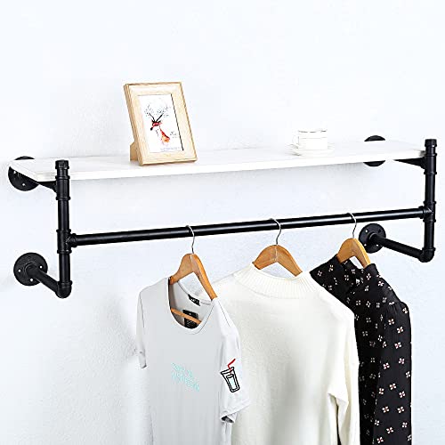 JIANZHUO Industrial Pipe Clothing Rack Wall Mounted with Wood Shelf,Rustic Retail Garment Rack Display Rack Cloths Rack,Pipe Shelving Floating Shelves