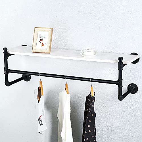 JIANZHUO Industrial Pipe Clothing Rack Wall Mounted with Wood Shelf,Rustic Retail Garment Rack Display Rack Cloths Rack,Pipe Shelving Floating Shelves