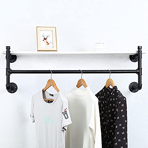 JIANZHUO Industrial Pipe Clothing Rack Wall Mounted with Wood Shelf,Rustic Retail Garment Rack Display Rack Cloths Rack,Pipe Shelving Floating Shelves