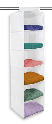 Smart Design 6-Shelf Cubby Sweater Hanging Organizer with Hook and Loop - Non-Woven Material - Clothes, Clothing, Accessories, Closet Storage - Home Organization - 12 x 48 Inch - White