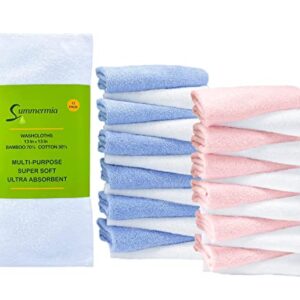 SUMMERMIA Bamboo Washcloths 13" x 13" (2 x 12 Pack) - Soft Wash Cloths for Your Face Towel, Wash Cloths for Your Body (White + Blue + Pink)