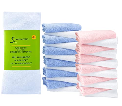 SUMMERMIA Bamboo Washcloths 13" x 13" (2 x 12 Pack) - Soft Wash Cloths for Your Face Towel, Wash Cloths for Your Body (White + Blue + Pink)