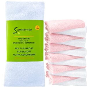 SUMMERMIA Bamboo Washcloths 13" x 13" (2 x 12 Pack) - Soft Wash Cloths for Your Face Towel, Wash Cloths for Your Body (White + Blue + Pink)