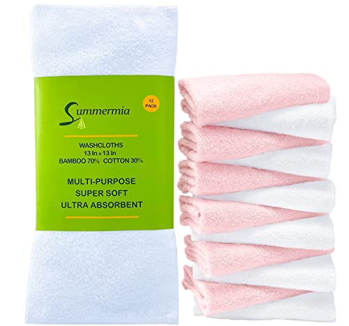 SUMMERMIA Bamboo Washcloths 13" x 13" (2 x 12 Pack) - Soft Wash Cloths for Your Face Towel, Wash Cloths for Your Body (White + Blue + Pink)