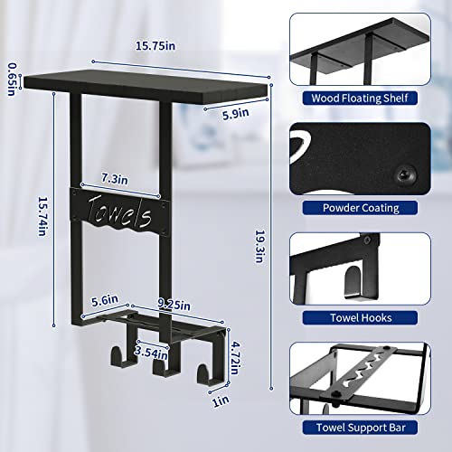 Lzziib Metal Towel Holder for Bathroom Wall with 3 Hooks and Wooden Shelf - Matte Black Towel Racks for Bathroom, Bathroom Shelf with Towel Hooks - Towel Storage for Bathroom Wall Decor