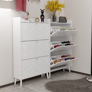 henf white wood shoe cabinet,freestanding shoe rack storage organizer with 3 flip drawers and wood legs,modern slim shoe storage cabinet for entryway,hallway