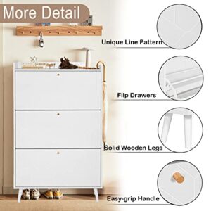 Henf White Wood Shoe Cabinet,Freestanding Shoe Rack Storage Organizer with 3 Flip Drawers and Wood Legs,Modern Slim Shoe Storage Cabinet for Entryway,Hallway