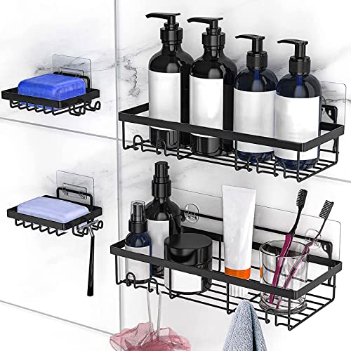 Shower Caddy Shelf Organizer (2Pack) with 2 Soap Dishes,No Drilling Wall Mount Shower Storage Accessories, Adhesive Bathroom Shelves for Inside Shower, Shower Accessories for Bathroom with 4pcs Hooks