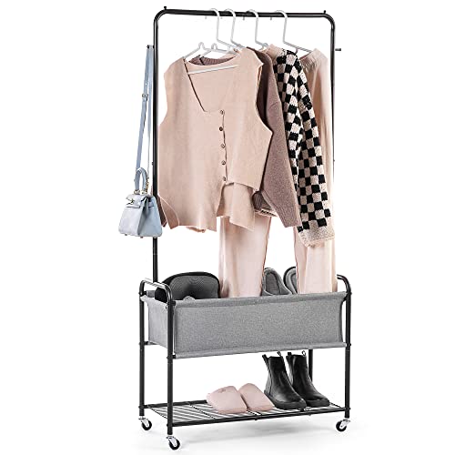 Across-Star Metal Garment Rack with Top Rod and Storage, Rolling Clothes Rack, Clothes Hanging Rack Portable Coat Hanger Holder for Bedroom