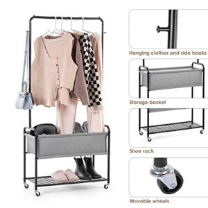 Across-Star Metal Garment Rack with Top Rod and Storage, Rolling Clothes Rack, Clothes Hanging Rack Portable Coat Hanger Holder for Bedroom