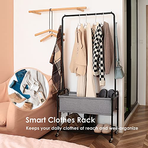 Across-Star Metal Garment Rack with Top Rod and Storage, Rolling Clothes Rack, Clothes Hanging Rack Portable Coat Hanger Holder for Bedroom