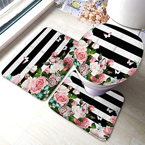 DONMYER Bathroom Rugs and Mats Sets 3 Piece,Black and White Stripe Modern Pink Floral Butterfly,Bathroom Rugs Non Slip, Absorbent Bath Mat Washable Bathroom Floor Mats