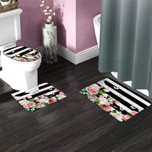 DONMYER Bathroom Rugs and Mats Sets 3 Piece,Black and White Stripe Modern Pink Floral Butterfly,Bathroom Rugs Non Slip, Absorbent Bath Mat Washable Bathroom Floor Mats