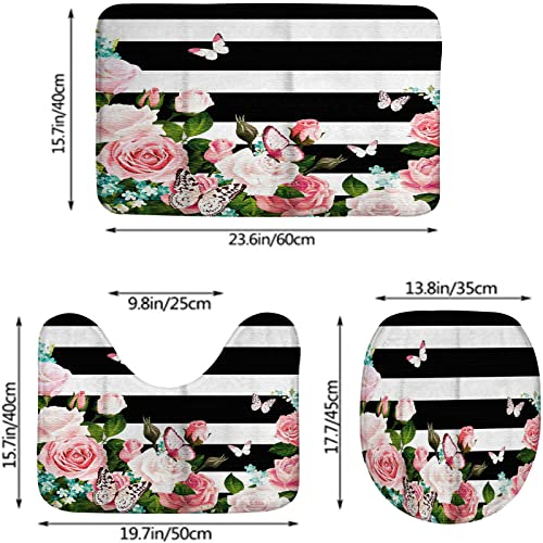 DONMYER Bathroom Rugs and Mats Sets 3 Piece,Black and White Stripe Modern Pink Floral Butterfly,Bathroom Rugs Non Slip, Absorbent Bath Mat Washable Bathroom Floor Mats