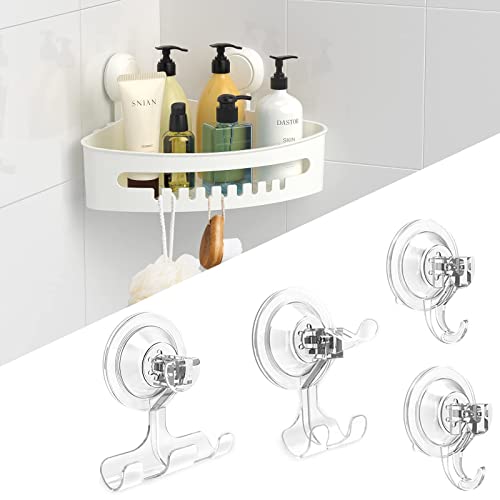 Budget & Good Reusable Shower Hook (4-Pack) Vacuum Suction Cup Hook - Razor Holder & Corner Shower Caddy Suction Cup Holds up to 22LB Bundle