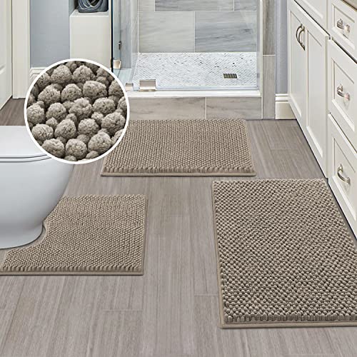 Turquoize 3 Pieces Bathroom Rugs Sets Non Slip Extra Absorbent Chenille Shaggy Bath Mat Set for Bathroom Floor with Toilet Rugs for Tub, Washable Shower Mat(17"x24"+20"x32"+20"x24"U-Shaped, Taupe)