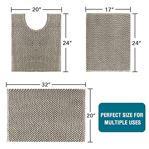 Turquoize 3 Pieces Bathroom Rugs Sets Non Slip Extra Absorbent Chenille Shaggy Bath Mat Set for Bathroom Floor with Toilet Rugs for Tub, Washable Shower Mat(17"x24"+20"x32"+20"x24"U-Shaped, Taupe)