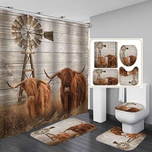 skailiÉ 4pcs funny highland cow shower curtain set, farm windmill brown cattle bull longhorn wildlife animal western country rustic farmhouse bathroom decor, fabric shower curtain, non-slip bath mat