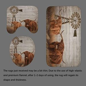 SKAILIÉ 4PCS Funny Highland Cow Shower Curtain Set, Farm Windmill Brown Cattle Bull Longhorn Wildlife Animal Western Country Rustic Farmhouse Bathroom Decor, Fabric Shower Curtain, Non-Slip Bath Mat