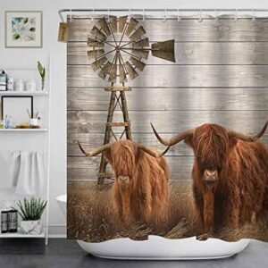 SKAILIÉ 4PCS Funny Highland Cow Shower Curtain Set, Farm Windmill Brown Cattle Bull Longhorn Wildlife Animal Western Country Rustic Farmhouse Bathroom Decor, Fabric Shower Curtain, Non-Slip Bath Mat