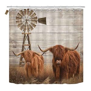 SKAILIÉ 4PCS Funny Highland Cow Shower Curtain Set, Farm Windmill Brown Cattle Bull Longhorn Wildlife Animal Western Country Rustic Farmhouse Bathroom Decor, Fabric Shower Curtain, Non-Slip Bath Mat