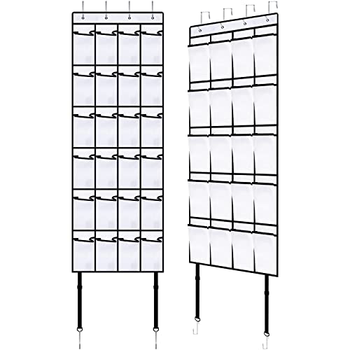 Sawysine 24 Large Pockets Hanging Shoe Organizer over The Door Rack with 6 Hooks & 2 Fixed Rope for Closet Wall Storage Clear Mesh Holder Hanger Caddy Men Women Sneakers, White, 59x22 Inch