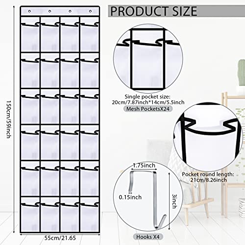 Sawysine 24 Large Pockets Hanging Shoe Organizer over The Door Rack with 6 Hooks & 2 Fixed Rope for Closet Wall Storage Clear Mesh Holder Hanger Caddy Men Women Sneakers, White, 59x22 Inch