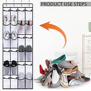 Sawysine 24 Large Pockets Hanging Shoe Organizer over The Door Rack with 6 Hooks & 2 Fixed Rope for Closet Wall Storage Clear Mesh Holder Hanger Caddy Men Women Sneakers, White, 59x22 Inch