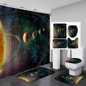 skailiÉ 4pcs outer space shower curtain set, sun mercury venus earth mars jupiter saturn uranus neptune starry sky galaxy universe milky way solar system educational bathroom decor, non-slip bath mat