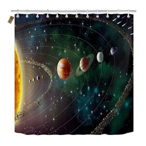 SKAILIÉ 4PCS Outer Space Shower Curtain Set, Sun Mercury Venus Earth Mars Jupiter Saturn Uranus Neptune Starry Sky Galaxy Universe Milky Way Solar System Educational Bathroom Decor, Non-Slip Bath Mat