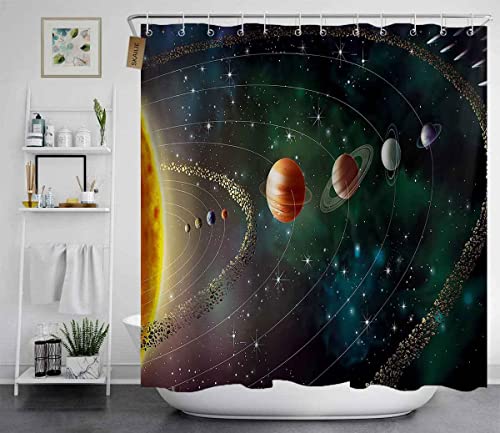 SKAILIÉ 4PCS Outer Space Shower Curtain Set, Sun Mercury Venus Earth Mars Jupiter Saturn Uranus Neptune Starry Sky Galaxy Universe Milky Way Solar System Educational Bathroom Decor, Non-Slip Bath Mat