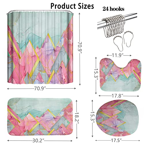 HOMAEUPIN 4 Pcs Gold Colorful Geometry Marble Shower Curtain Sets Watercolor Light Luxury Non-Slip Rugs Toilet Lid Cover U-Shaped Mat Modern Bathroom Accessory Sets 24 Hooks Red