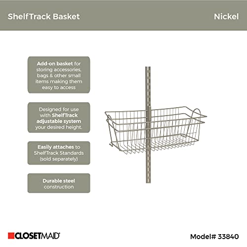 ClosetMaid 33840 ShelfTrack Wire Basket Organizer, Attaches to Standards, Closet Accessory Add On, Nickel Finish