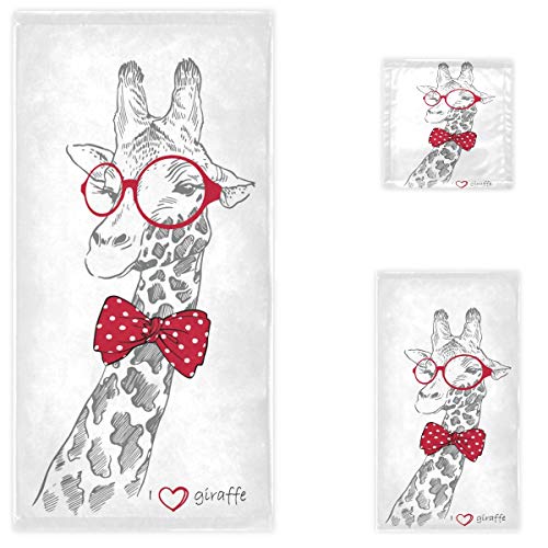 Naanle Stylish Giraffe with Glasses and Tie Soft Set of 3 Towels, 1 Bath Towel+1 Hand Towel+1 Washcloth, Multipurpose for Bathroom, Hotel, Gym, Spa and Beach(White)