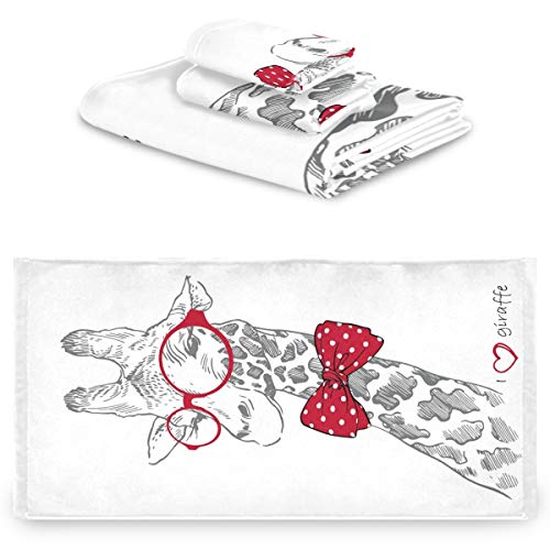 Naanle Stylish Giraffe with Glasses and Tie Soft Set of 3 Towels, 1 Bath Towel+1 Hand Towel+1 Washcloth, Multipurpose for Bathroom, Hotel, Gym, Spa and Beach(White)