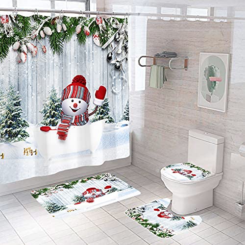 4Pcs Merry Christmas Snowman Shower Curtain Set with Non-Slip Rugs and Toilet Lid Cover Winter Holiday Xmas Fabric Shower Curtain Bathroom Decor with Hooks Waterproof Washable 72" x 72'' White Green