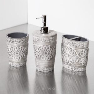 BINO Bathroom Accessories Set - Grey | Soap Dispenser | Toothbrush Holder | Tumbler | 3-Piece Bathroom Organizer Countertop Set | Bathroom Decor | Home Decor | Bathroom Set