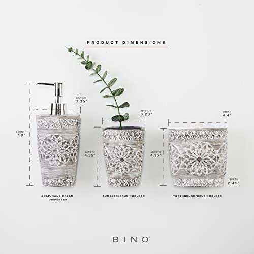 BINO Bathroom Accessories Set - Grey | Soap Dispenser | Toothbrush Holder | Tumbler | 3-Piece Bathroom Organizer Countertop Set | Bathroom Decor | Home Decor | Bathroom Set