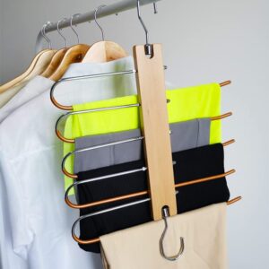 beech wooden pants hangers space saver - trouser hanger, space-saving multiple 5-in-1 stainless steel extendible, foldable multi magic wardrobe clothes hanger holder, standard