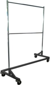 heavy-duty commercial grade double-bar rolling z rack garment rack with nesting black base by metropolitan display