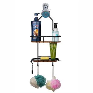 utopia alley tia rustproof teak overhead shower caddy with 2 shelves - decorative shower rack for shampoo & toiletries storage, hanging shower head organizer- matte black finish