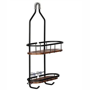 Utopia Alley Tia Rustproof Teak Overhead Shower Caddy with 2 Shelves - Decorative Shower Rack for Shampoo & Toiletries Storage, Hanging Shower Head Organizer- Matte Black Finish