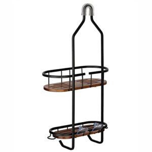 Utopia Alley Tia Rustproof Teak Overhead Shower Caddy with 2 Shelves - Decorative Shower Rack for Shampoo & Toiletries Storage, Hanging Shower Head Organizer- Matte Black Finish