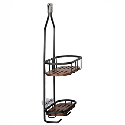 Utopia Alley Tia Rustproof Teak Overhead Shower Caddy with 2 Shelves - Decorative Shower Rack for Shampoo & Toiletries Storage, Hanging Shower Head Organizer- Matte Black Finish