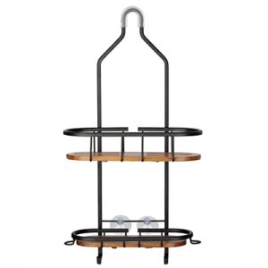 Utopia Alley Tia Rustproof Teak Overhead Shower Caddy with 2 Shelves - Decorative Shower Rack for Shampoo & Toiletries Storage, Hanging Shower Head Organizer- Matte Black Finish