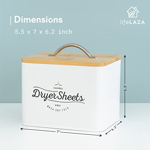 LifeLAZA Metal Dryer Sheet Holder with Bamboo Lid, Dryer Sheet Dispenser for Fabric Softener Sheets, Farmhouse Container Storage Box for Laundry Room Decor